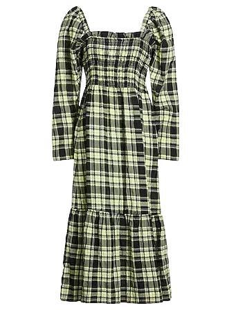 GANNI Plaid Off-the-shoulder Seersucker Dress - Black
