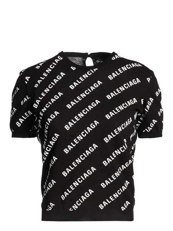 Balenciaga Short-sleeved Crew Neck Sweater With All-over Logo Print - Black
