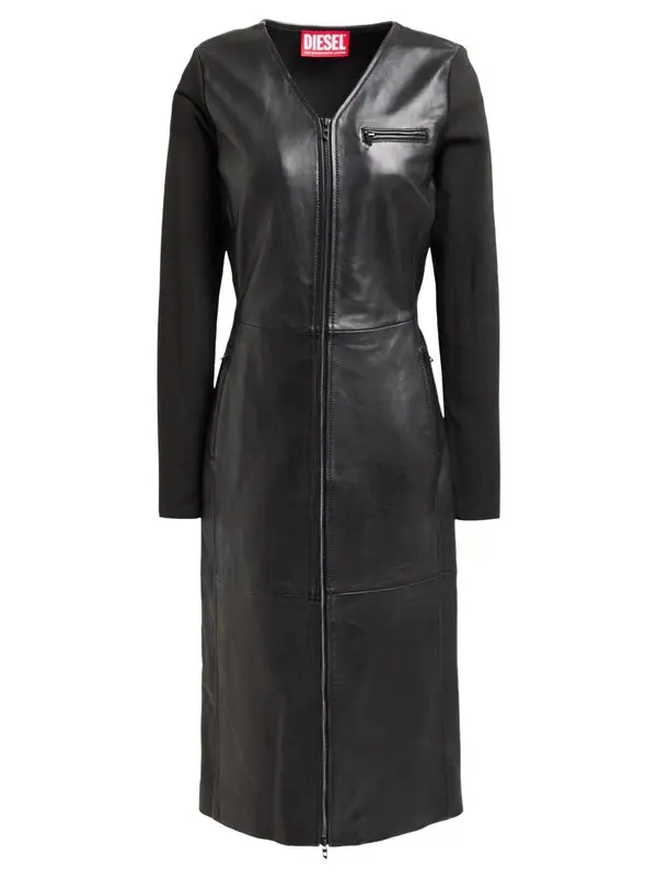 DIESEL® Leather V-neck Midi Dress With Zip Fastening - Black