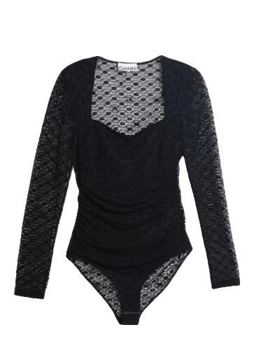 GANNI Solid Color Lace Long-sleeve Bodysuit - Black