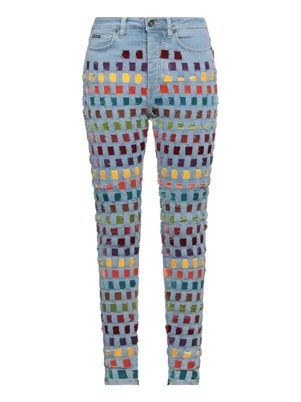 Dolce & Gabbana Medium Wash Slim-fit Jeans With Multicolour Velvet Detail - Multicolor