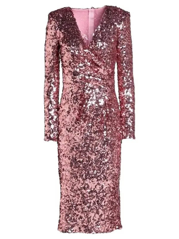 Dolce & Gabbana Sequined V-neck Long Sleeve Dress - Pink