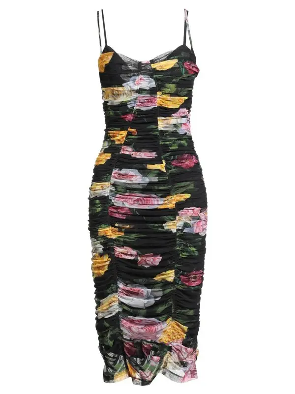 Dolce & Gabbana Sleeveless Floral Print Ruched Midi Dress - Black