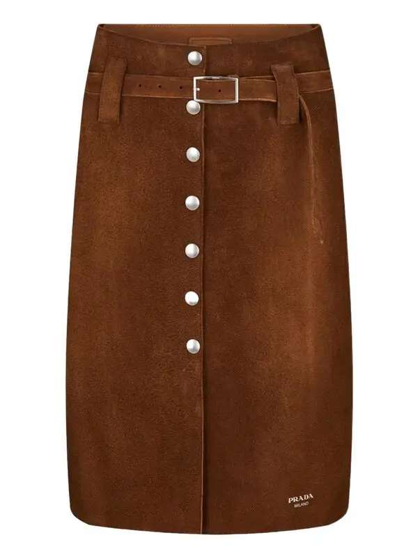 Prada Suede Midi Skirt With Belt - Brown