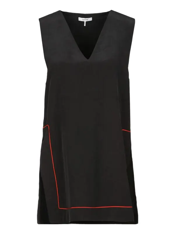 GANNI Sleeveless V-neck Top With Contrasting Details - Black
