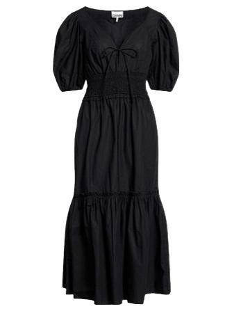 GANNI Flared Midi Dress With V-neck And Shirring - Black