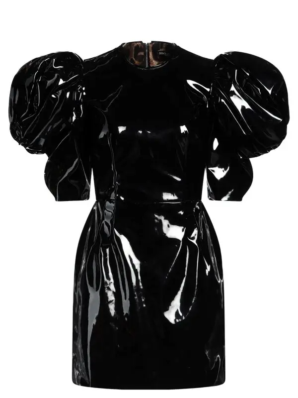 Dolce & Gabbana Patent Leather Puff Sleeve Mini Dress - Black