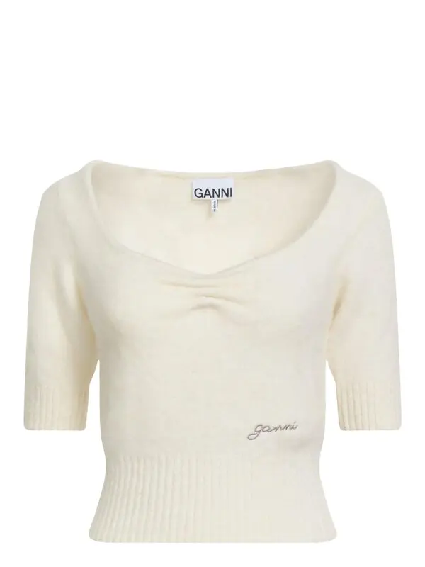 GANNI Embroidered Logo Short Sleeve Sweater - White
