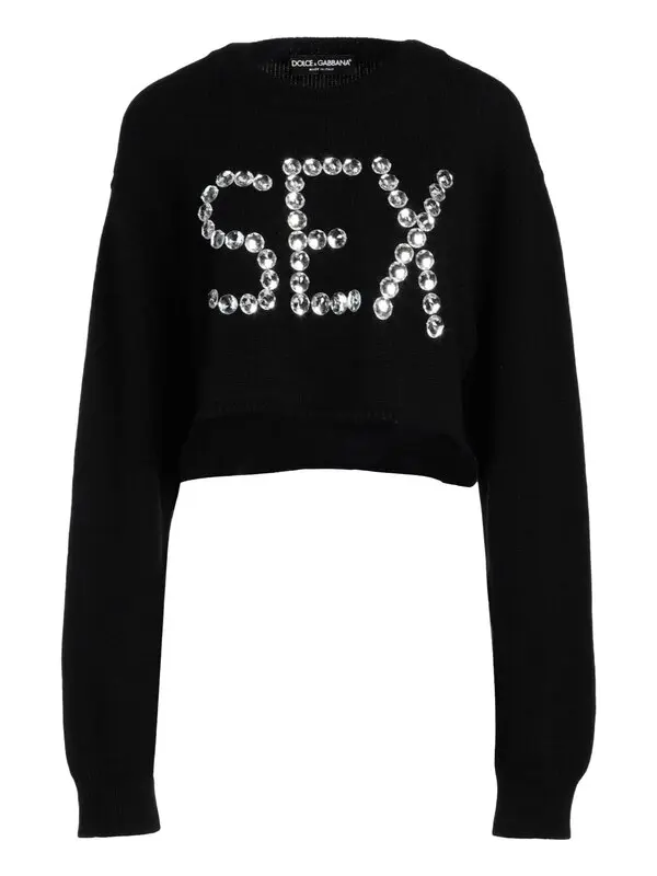 Dolce & Gabbana Cashmere Crew Neck Embellished Cropped Sweater - Black