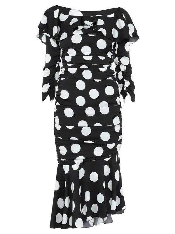 Dolce & Gabbana Polka Dot Satin Midi Dress With Ruffle Detail - Black