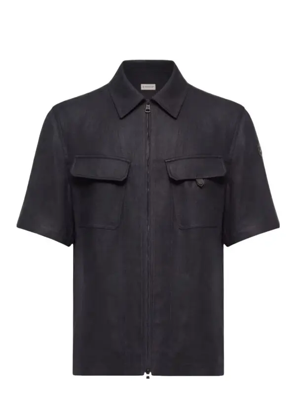 Moncler Linen Twill Short Sleeve Zip-up Shirt - Midnight Blue