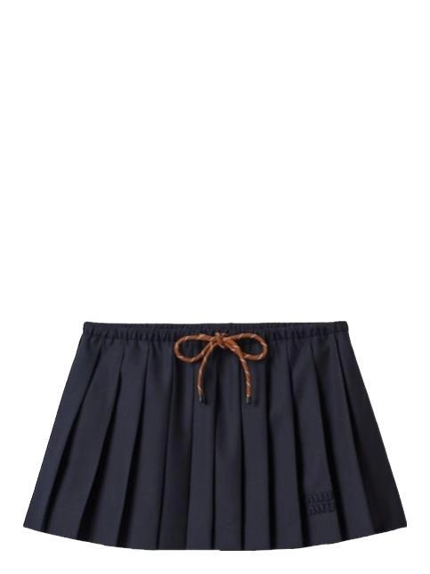 Miu Miu Pleated Batavia Skirt With Embroidered Logo And Drawstring Waist - Blue