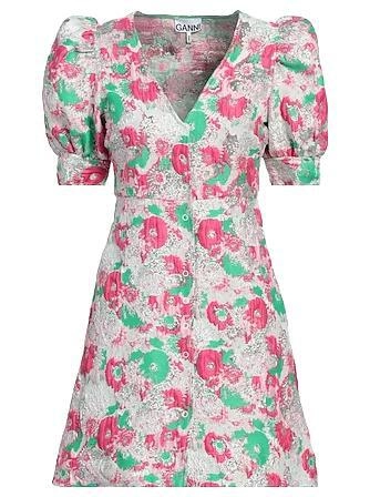 GANNI Floral Brocade Puff Sleeve V-neck Dress - Pink