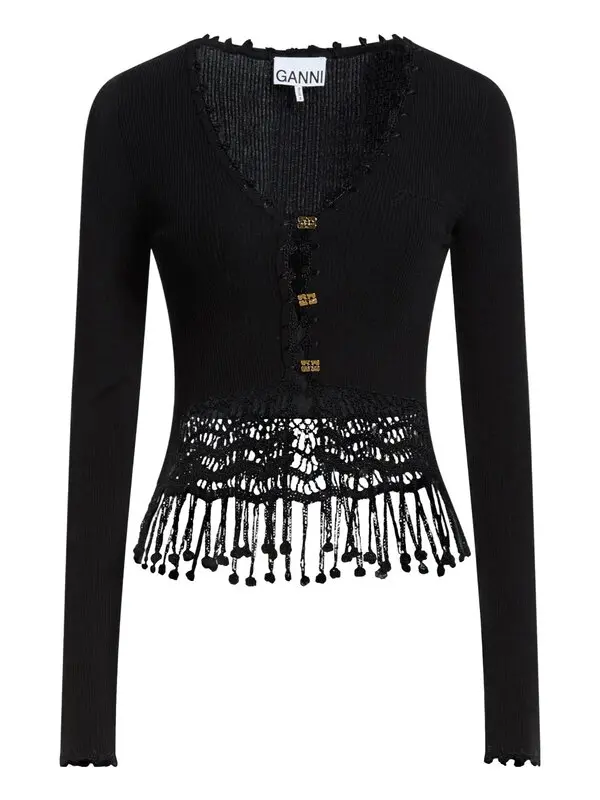 GANNI Ribbed Knit Button-down Cardigan With Lace And Tassel Trim - Black