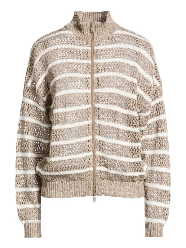 Brunello Cucinelli Two-tone Open-knit Cardigan - Nude