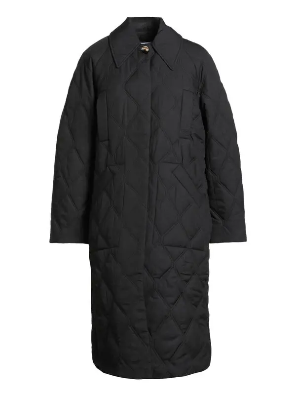 GANNI Quilted Long Coat With Classic Collar - Black