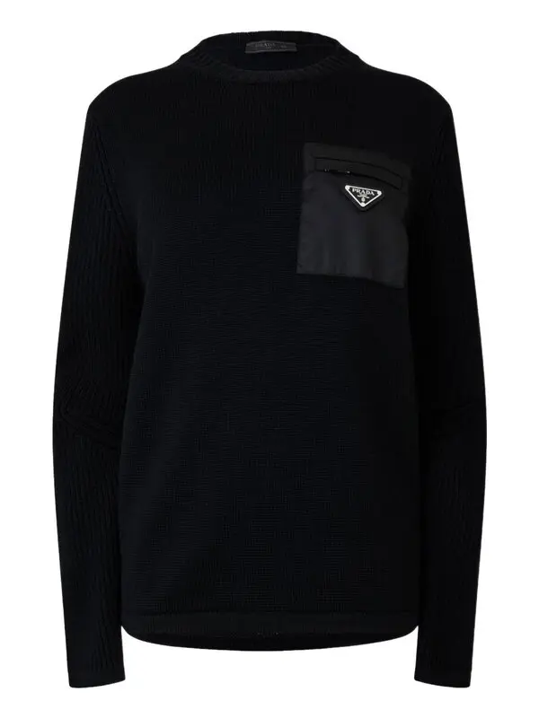 Prada Crewneck Wool Sweater With Patch Pocket - Black