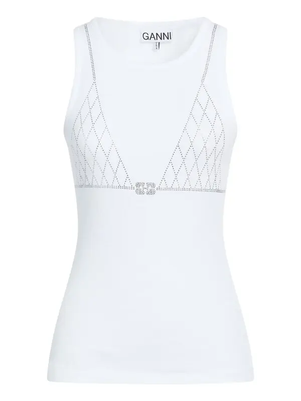 GANNI Logo Crystal Crew Neck Tank Top - White