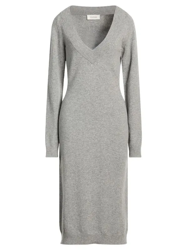 Sportmax Long Sleeve V-neck Dress With Ribbed Trim - Gray