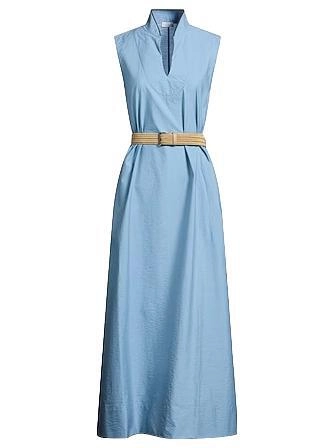 Brunello Cucinelli Sleeveless V-neck Maxi Dress With Appliqués And Belt - Blue