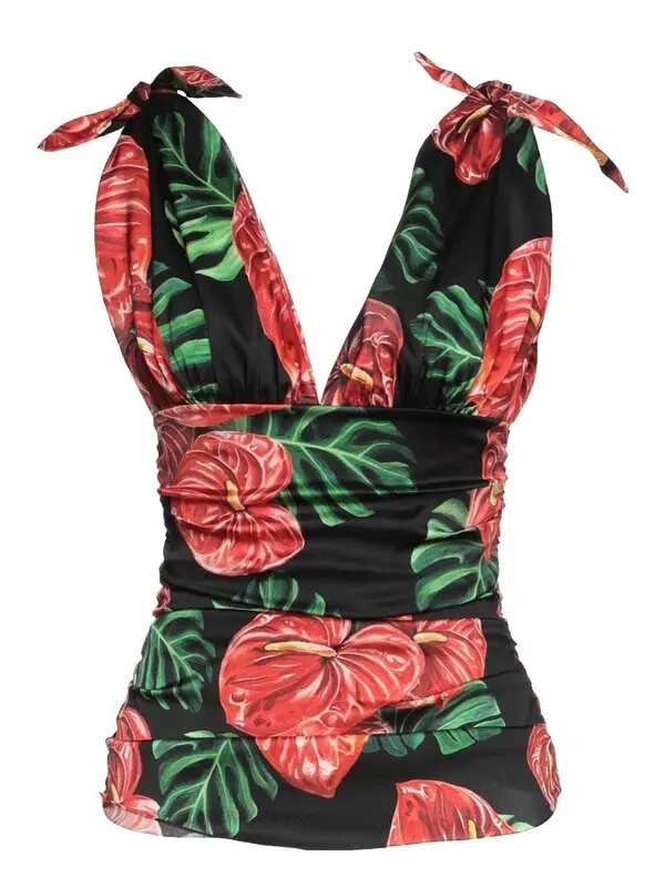 Dolce & Gabbana Sleeveless Floral Print Satin Top - Green