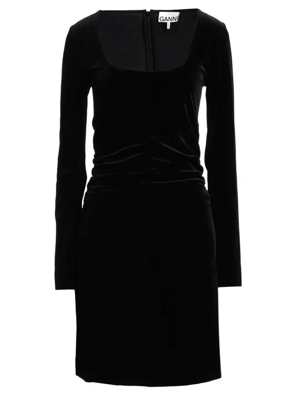 GANNI Velvet Long Sleeve Square Neck Dress - Black