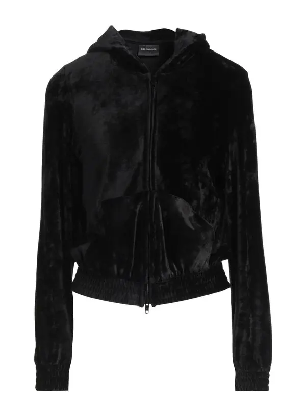 Balenciaga Hooded Zip-up Sweatshirt With Chenille Appliqués And Crystals - Black
