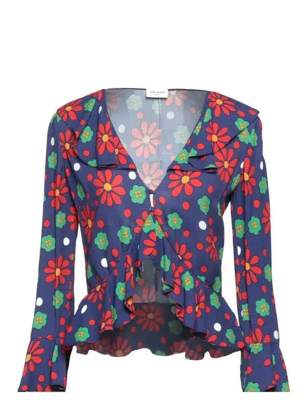 Saint Laurent Floral Print V-neck Blouse - Blue