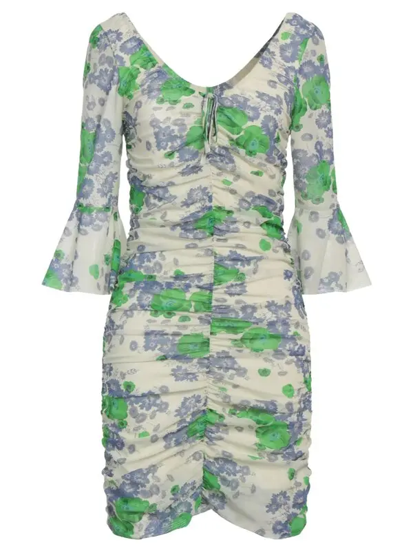 GANNI Floral Pattern Dress With Three-quarter Sleeves And Pleated Design - Gray