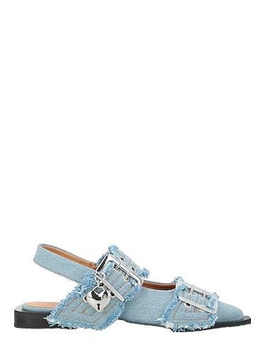 GANNI Denim Slingback Flats With Buckle Detailing - Blue