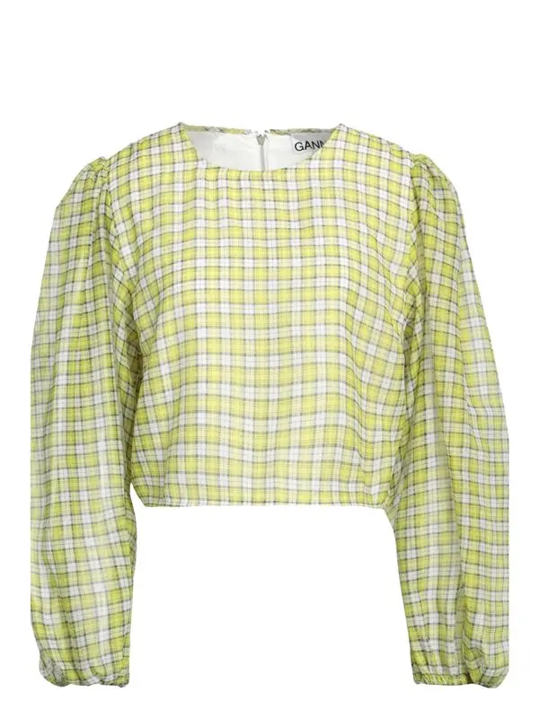 GANNI Checked Puff Sleeve Cropped Top - Green