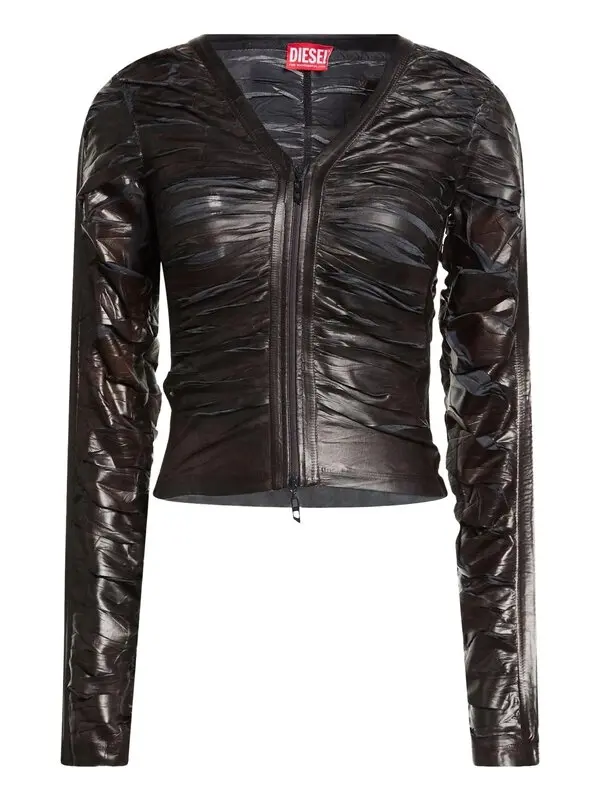 DIESEL® V-neck Zip-up Jersey Shirt With Coated Effect - Black