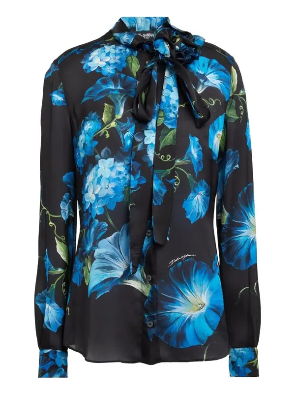 Dolce & Gabbana Floral Satin Shirt With Bow Detail - Green