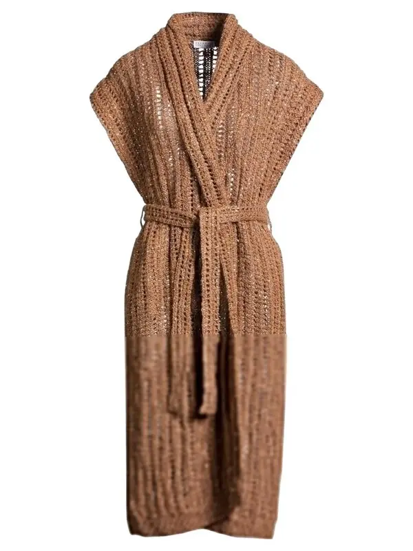 Brunello Cucinelli Crochet Midi Dress With Sequins And Belt - Brown