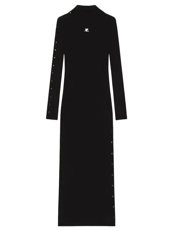 COURREGES Courrèges Ribbed Knit Mock Neck Maxi Dress With Side Slit And Buttoned Sleeves - Black