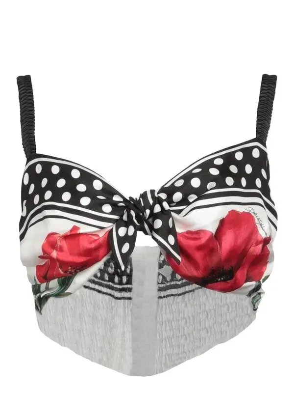 Dolce & Gabbana Sleeveless Floral & Polka Dot Satin Top - Gray