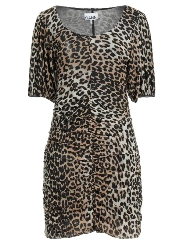 GANNI Leopard Print Short Sleeve Dress - Black