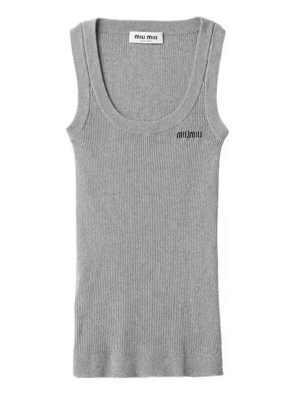 Miu Miu Ribbed Knit Tank Top With Intarsia Logo - Grey