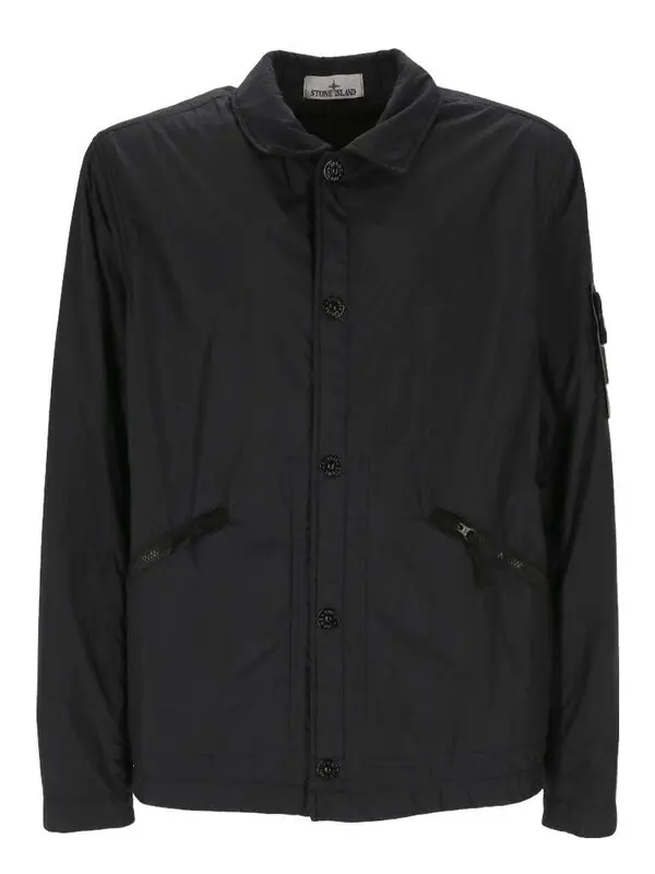 Stone Island Logo Patch Button-up Overshirt Jacket - Blue