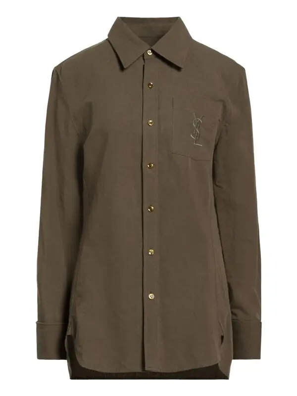 Saint Laurent Embroidered Logo Long Sleeve Shirt - Brown