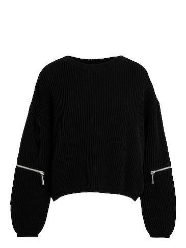 MAXCO. Ribbed Crewneck Knit Top With Zip Detail - Black
