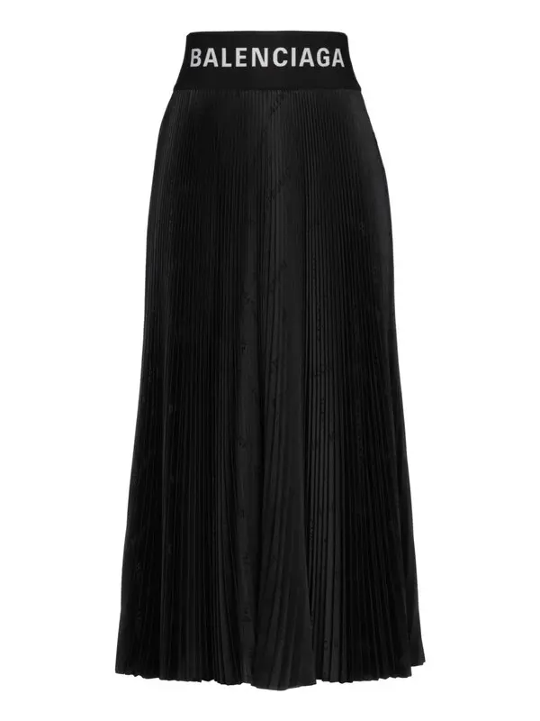 Balenciaga Pleated Midi Skirt With Logo Waistband - Black