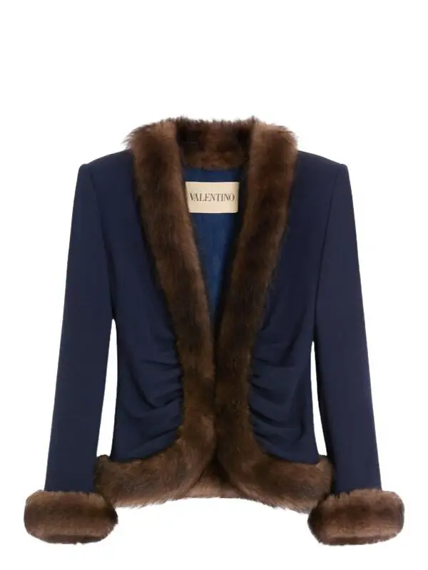 Valentino Garavani Wool Crepe Jacket With Fur Trim - Indigo