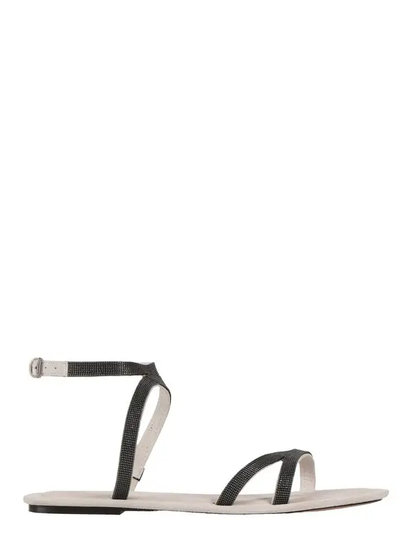 Brunello Cucinelli Embellished Leather Flat Sandals - Black