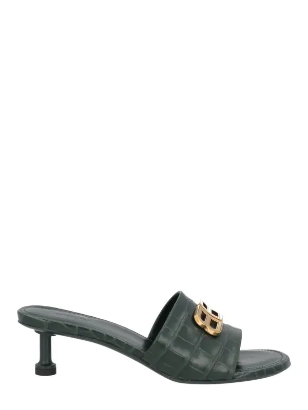 Balenciaga Embossed Leather Slides With Geometric Heel - Black