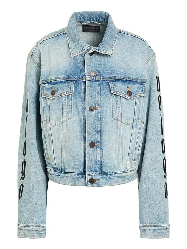 Balenciaga Embroidered Distressed Denim Jacket - Blue