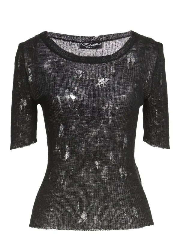 Dolce & Gabbana Distressed Fine Knit Crewneck Short Sleeve Top - Black