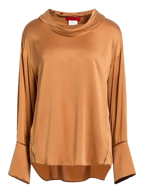MAXCO. Max&co. Satin Turtleneck Top With Metallic Trim - Brown