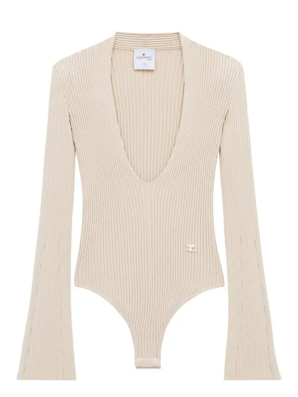 COURREGES Ribbed-knit Bodysuit With Embroidered Logo - Nude