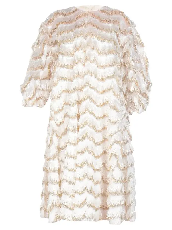 Dolce & Gabbana Two-tone Organza Midi Dress With Tiered Fringes - White